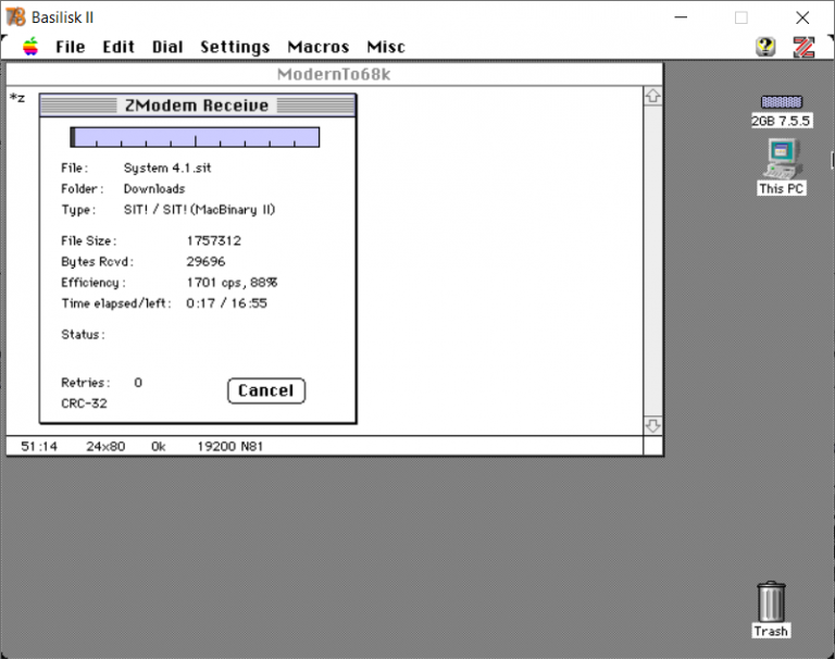 Zterm and Basilisk II: file transfers from Windows 10 to a 68k Macintosh using Basilisk II ...